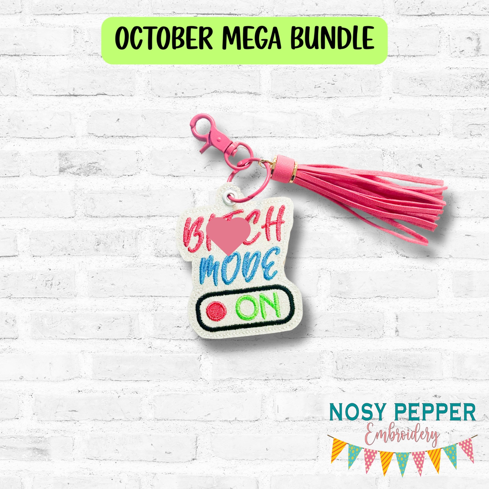 B!tch Mode On bag tag/bookmark/ornament machine embroidery design Fall – Nosy Pepper Patterns
