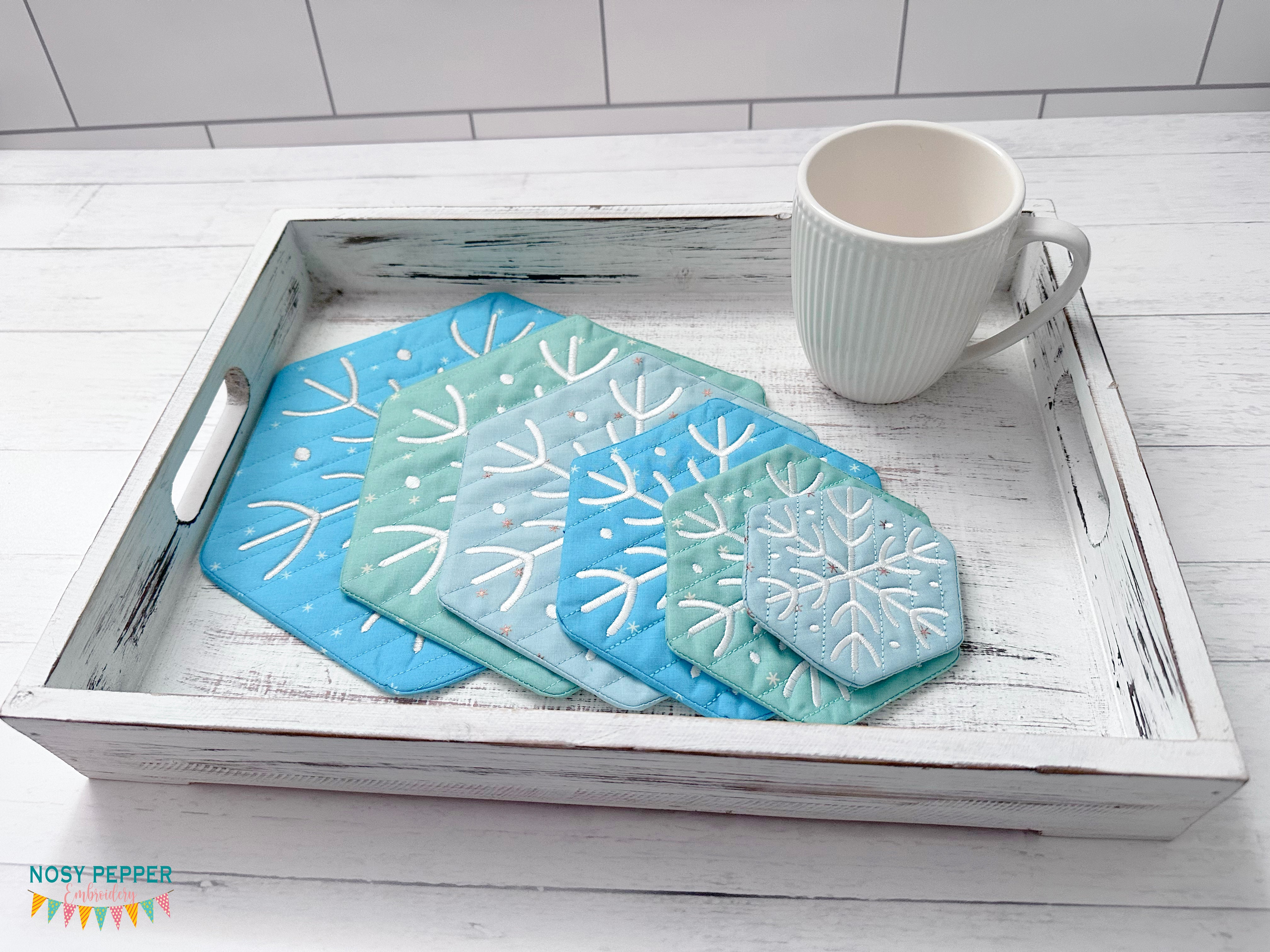 Hexie Snowflake Mug rug envelope style machine embroidery design (6 si ...