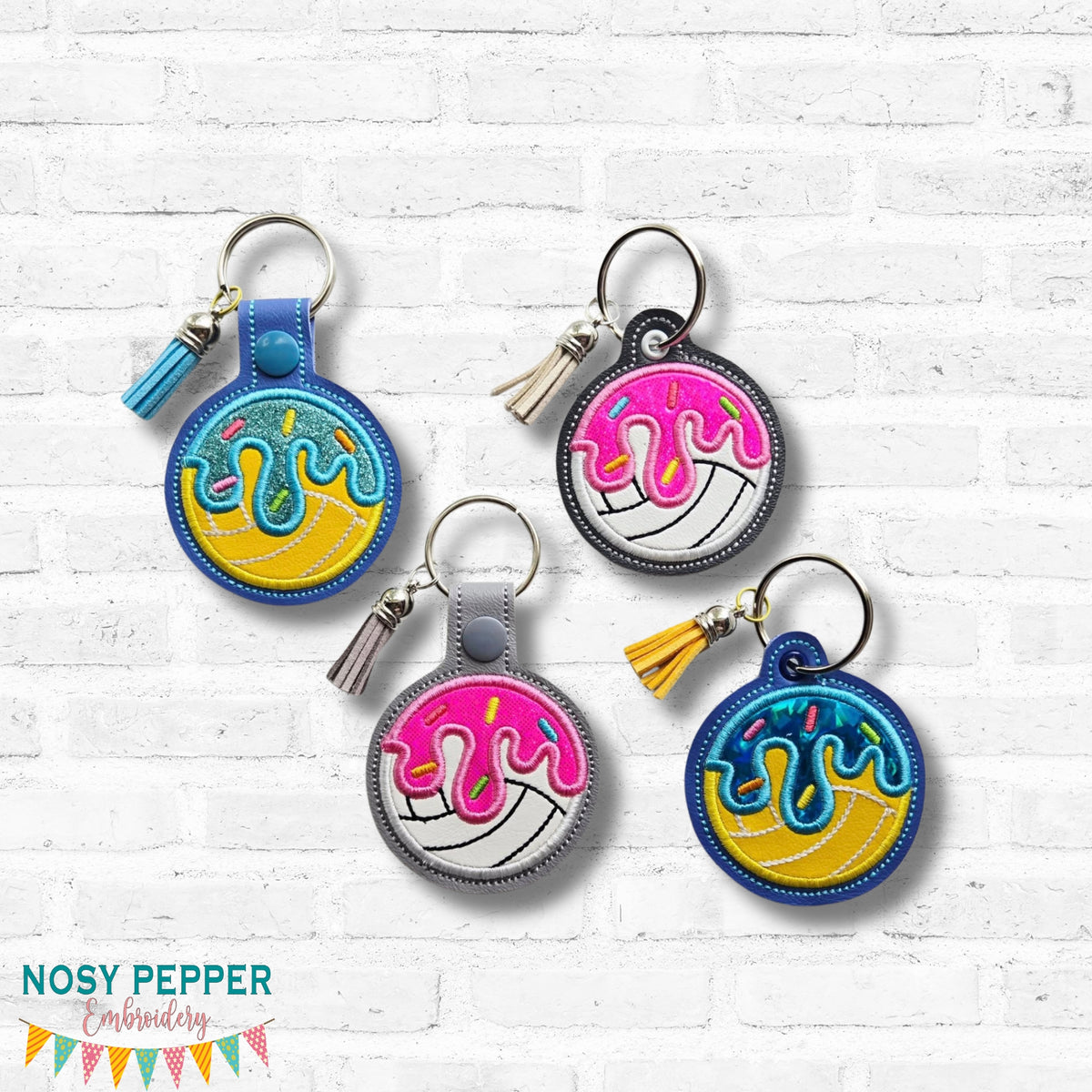 Volleyball Drip Applique snap tab and eyelet fob machine embroidery de ...