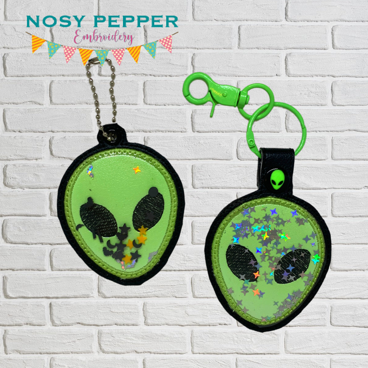 Alien Applique Shaker snap tab and eyelet fob machine embroidery file ...