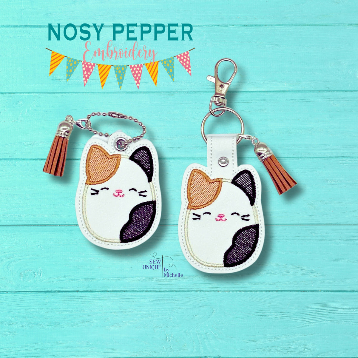 Calico Squishy snap tab and eyelet fob machine embroidery file (single ...