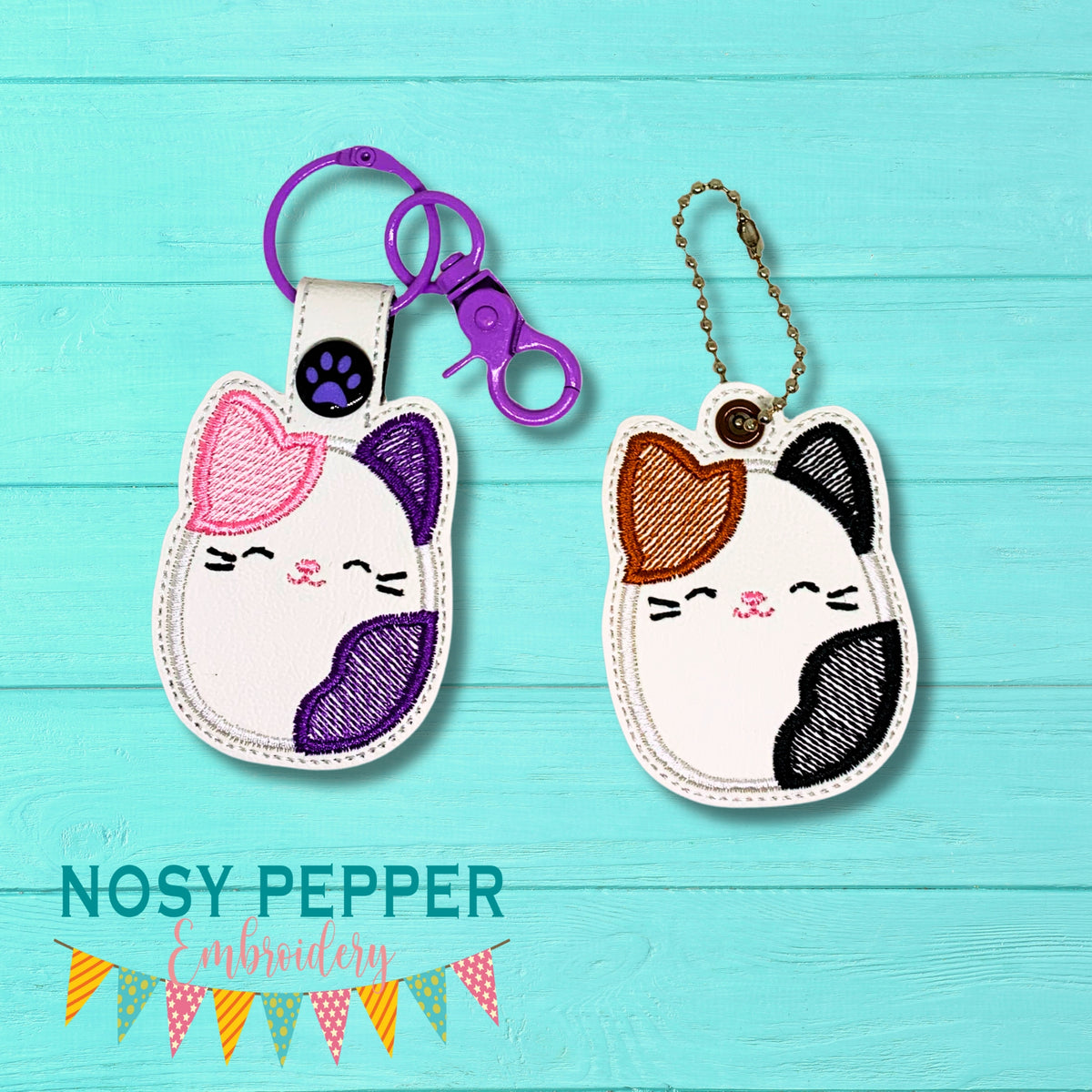 Calico Squishy snap tab and eyelet fob machine embroidery file (single ...