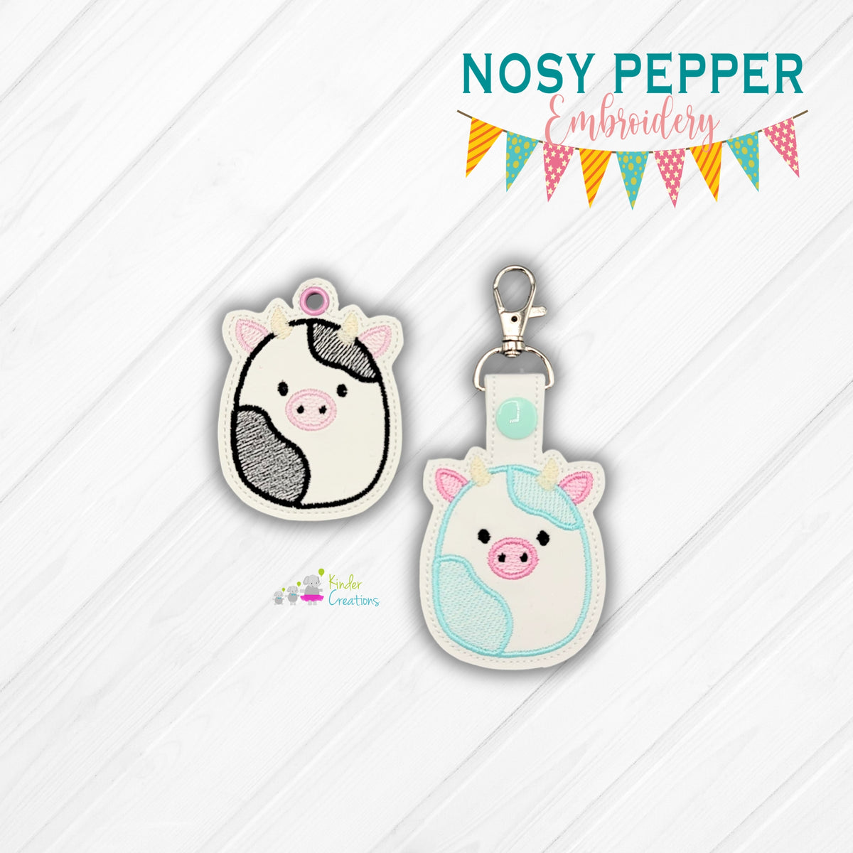 Cow Squishy snap tab and eyelet fob machine embroidery file (single an ...