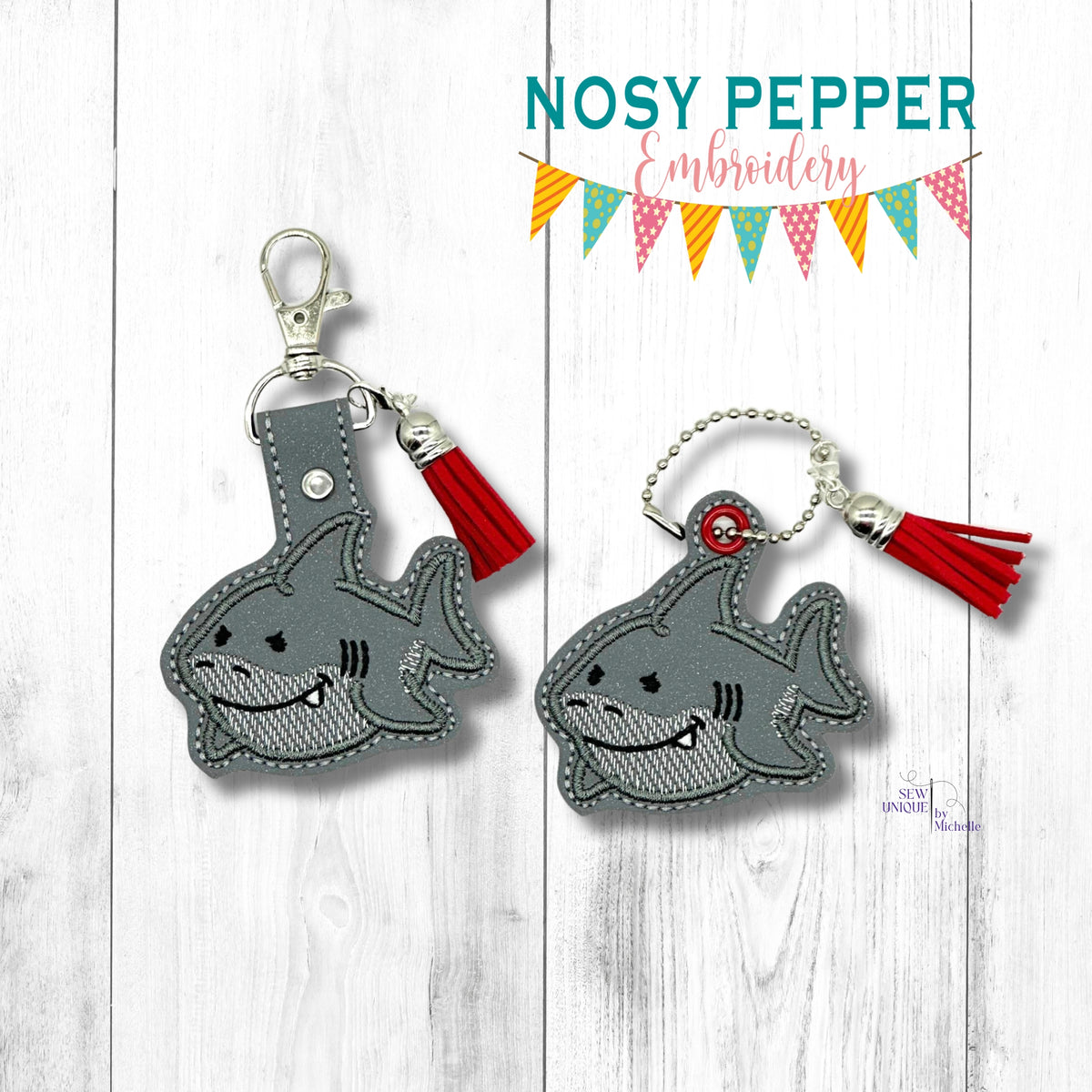 Grumpy Shark snap tab and eyelet fob machine embroidery file (single a ...