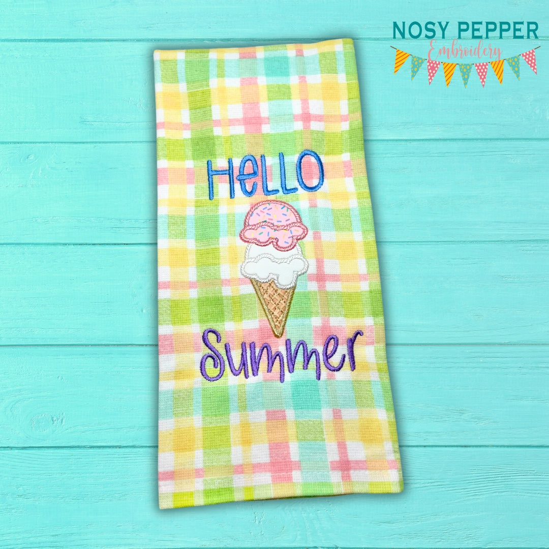 Hello Summer Ice Cream Applique machine embroidery design (4 sizes inc ...