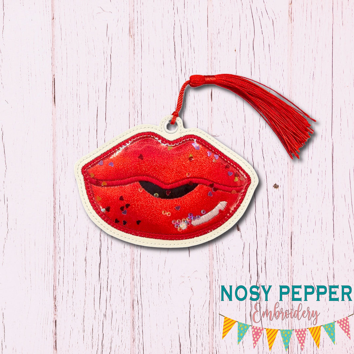 Lips shaker applique bookmark/ornament/bag tag machine embroidery desi ...
