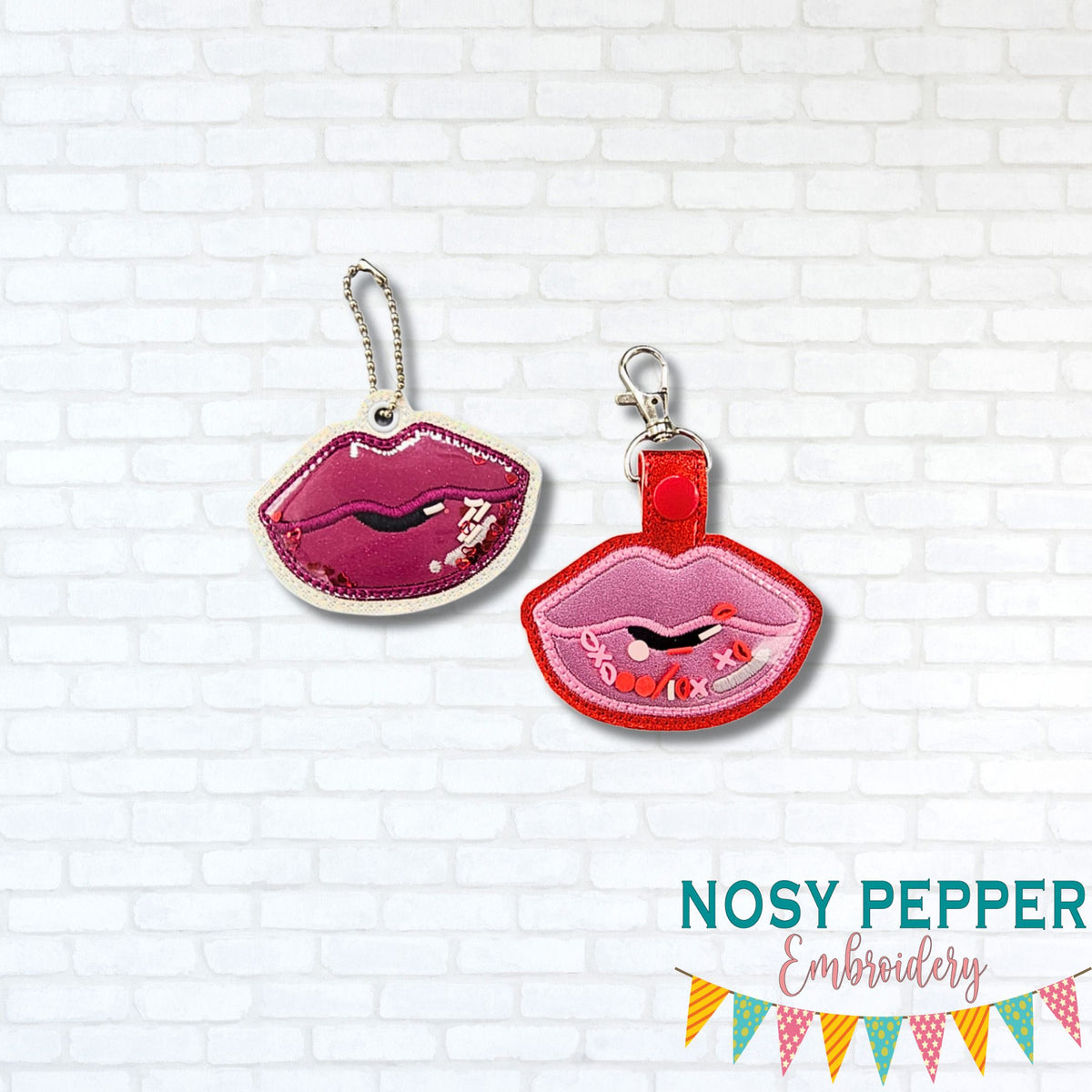 Lips shaker applique snap tab and eyelet fob machine embroidery file ...