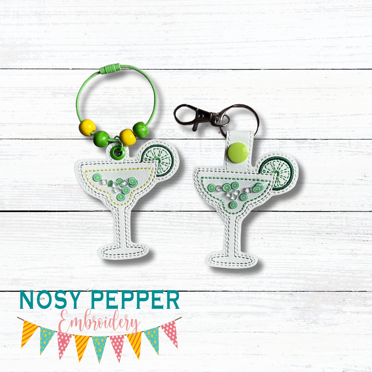 Margarita shaker snap tab and eyelet fob machine embroidery file (sing ...