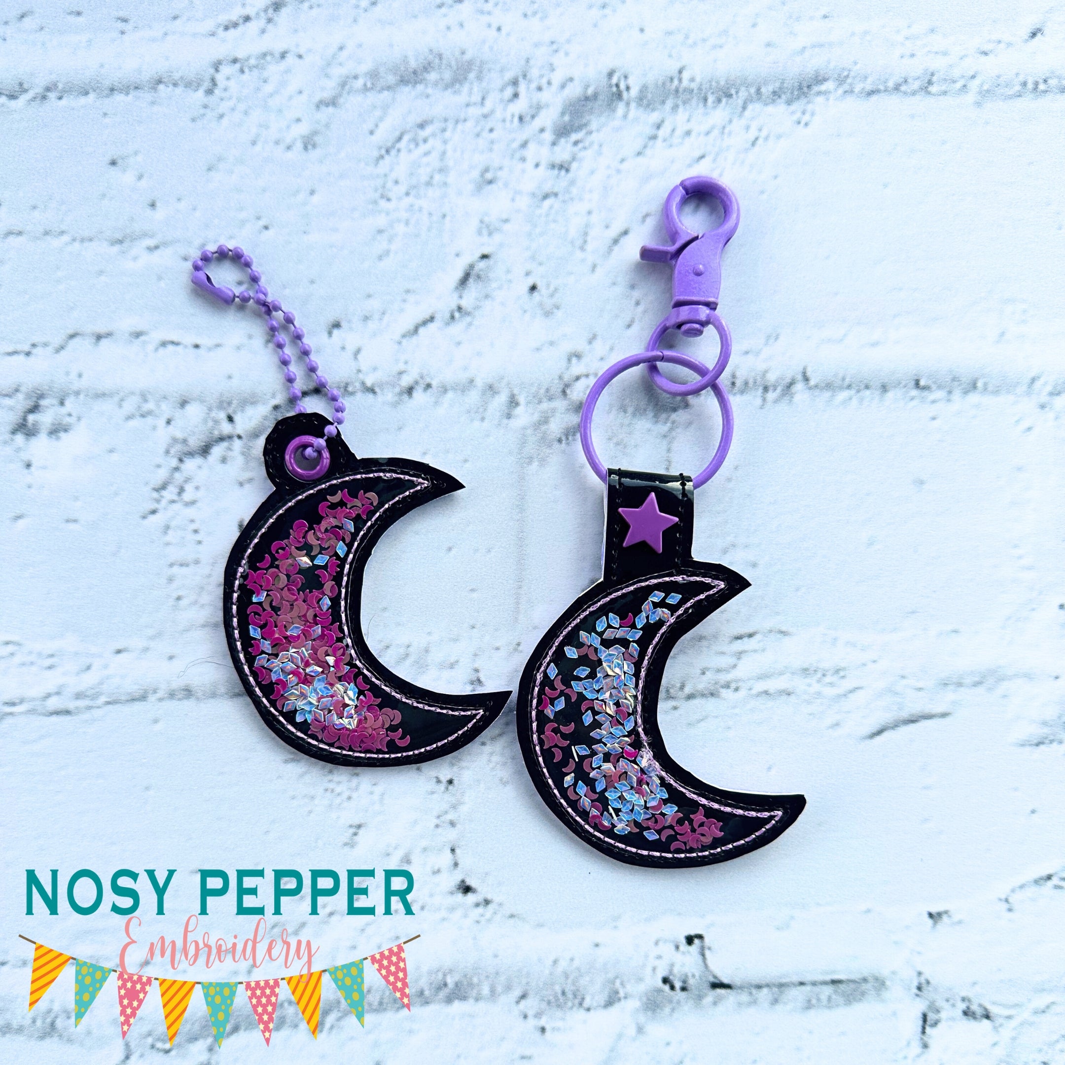 Moon shaker snap tab and eyelet fob machine embroidery file (single an ...