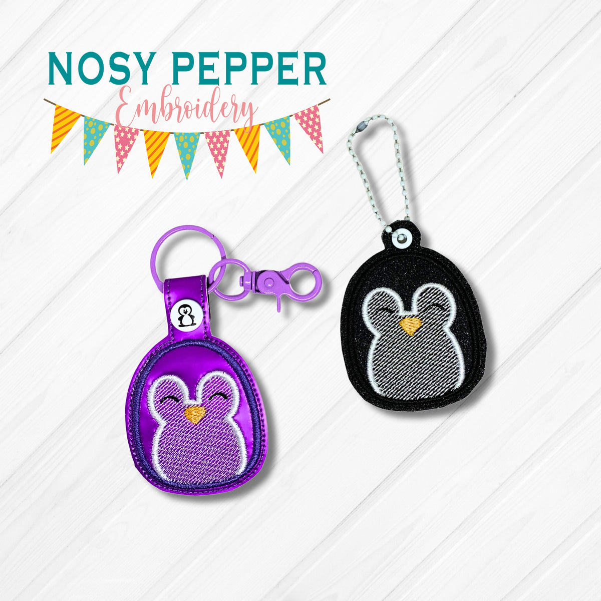 Penguin Squishy snap tab and eyelet fob machine embroidery file (singl – Nosy Pepper Patterns