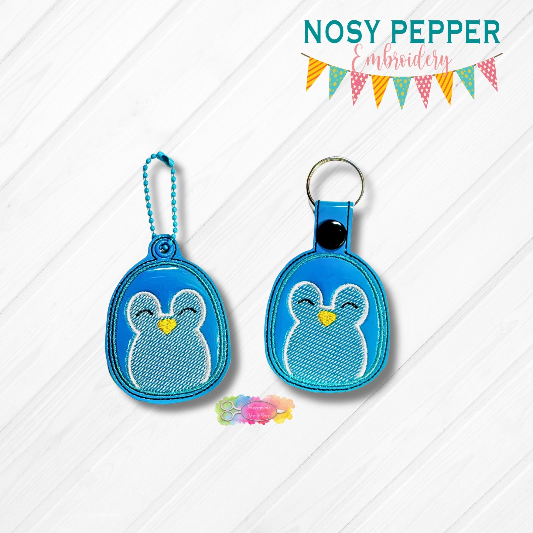 Penguin Squishy snap tab and eyelet fob machine embroidery file (singl – Nosy Pepper Patterns