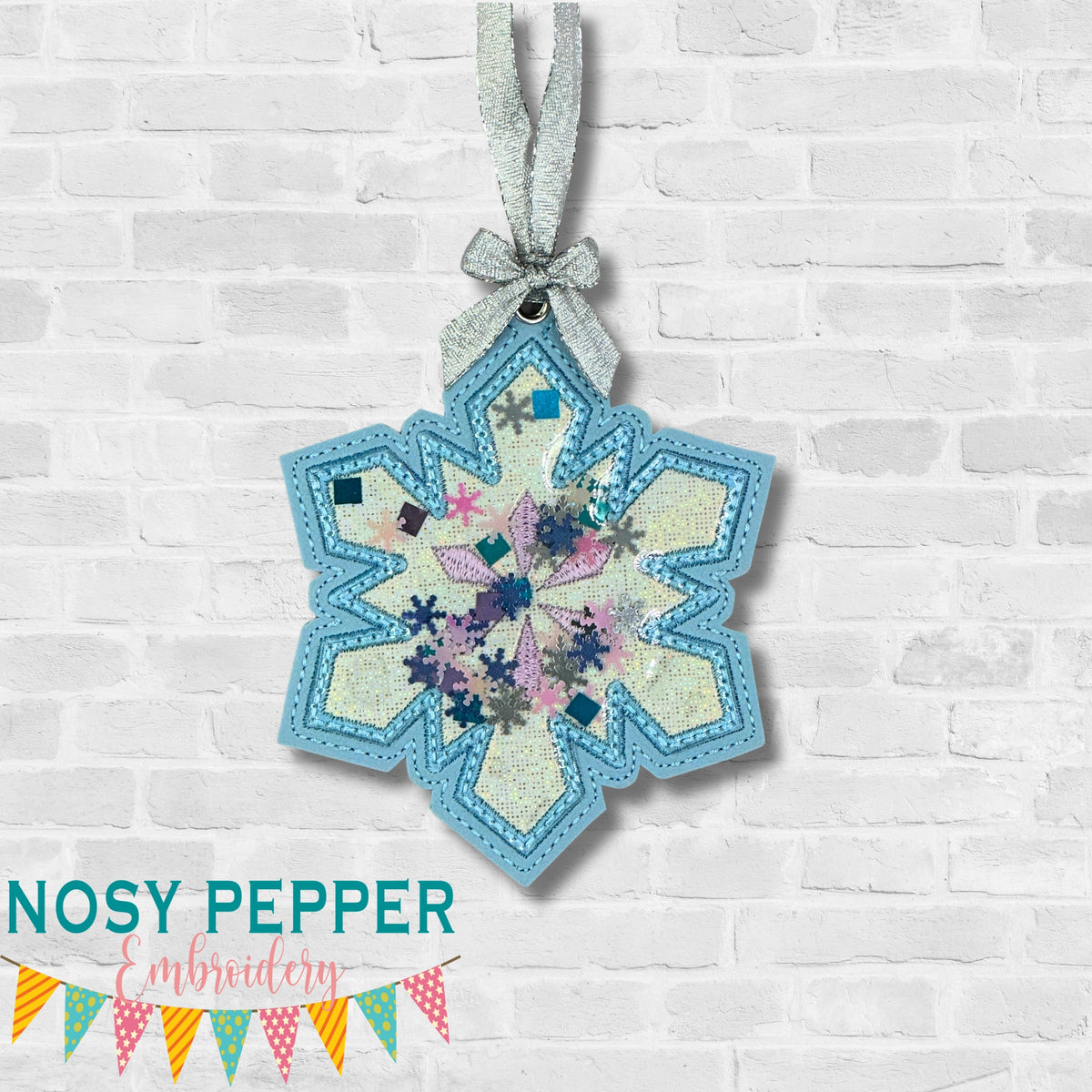 Snowflake applique shaker ornament/bookmark/bag tag machine embroidery ...