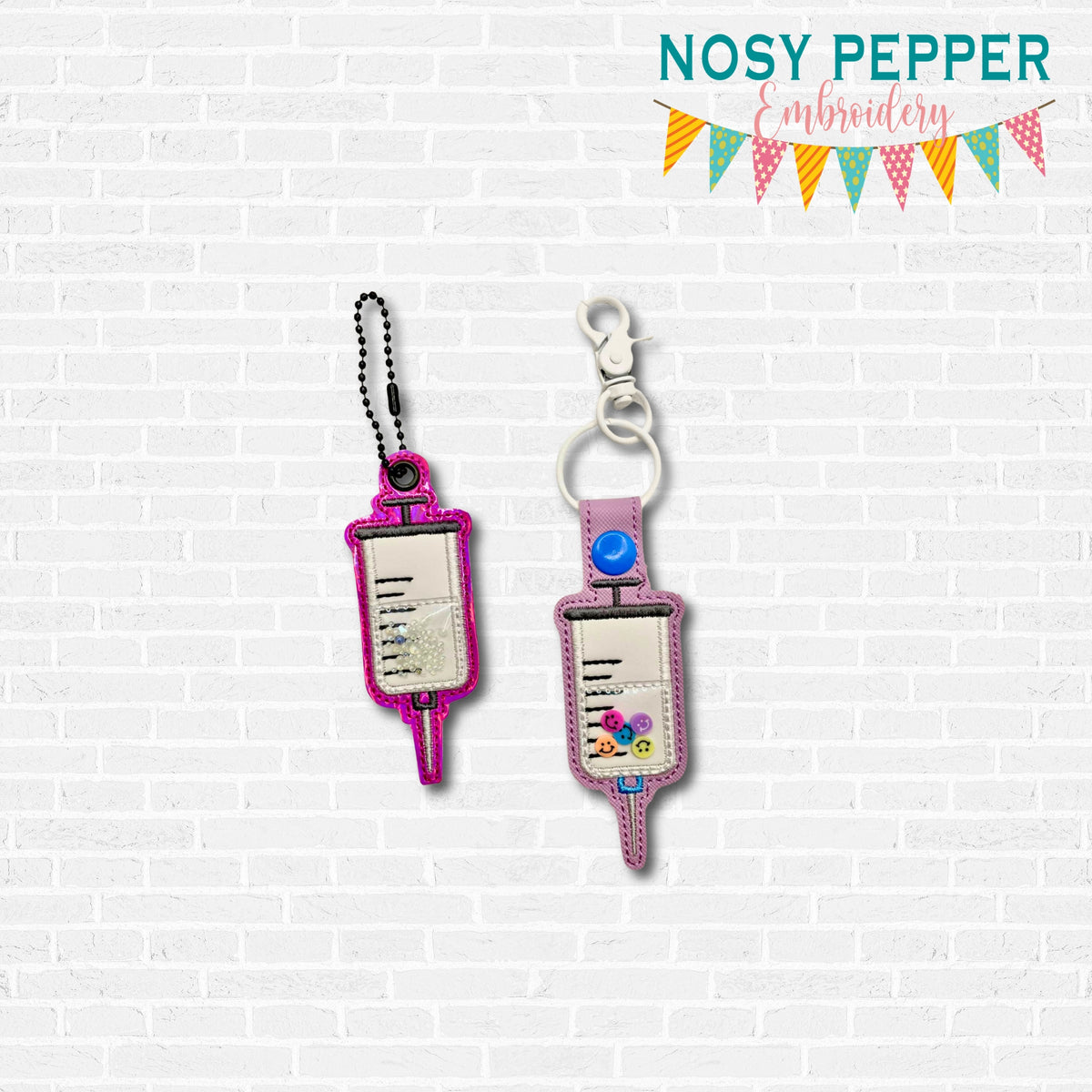 Syringe applique shaker snap tab and eyelet fob machine embroidery fil ...