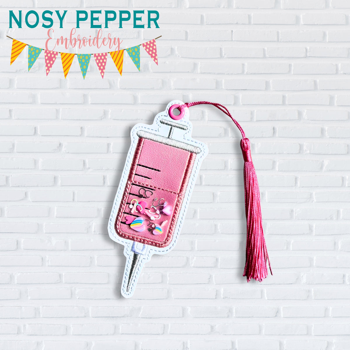 Syringe applique shaker bookmark/bag tag/ornament machine embroidery f ...