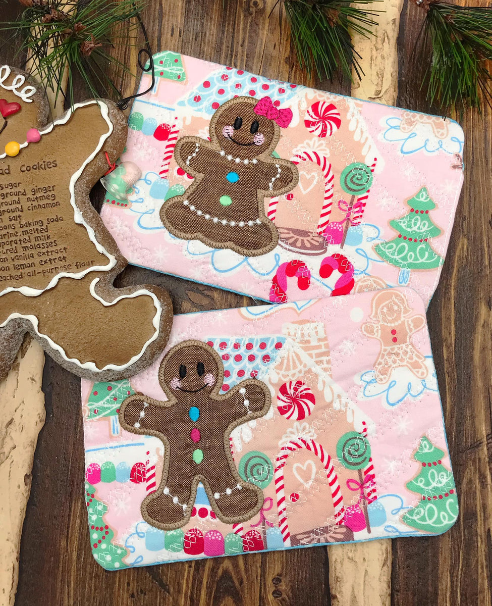 Gingerbread ITH mug rug set of 2 designs (4 sizes included) machine em ...