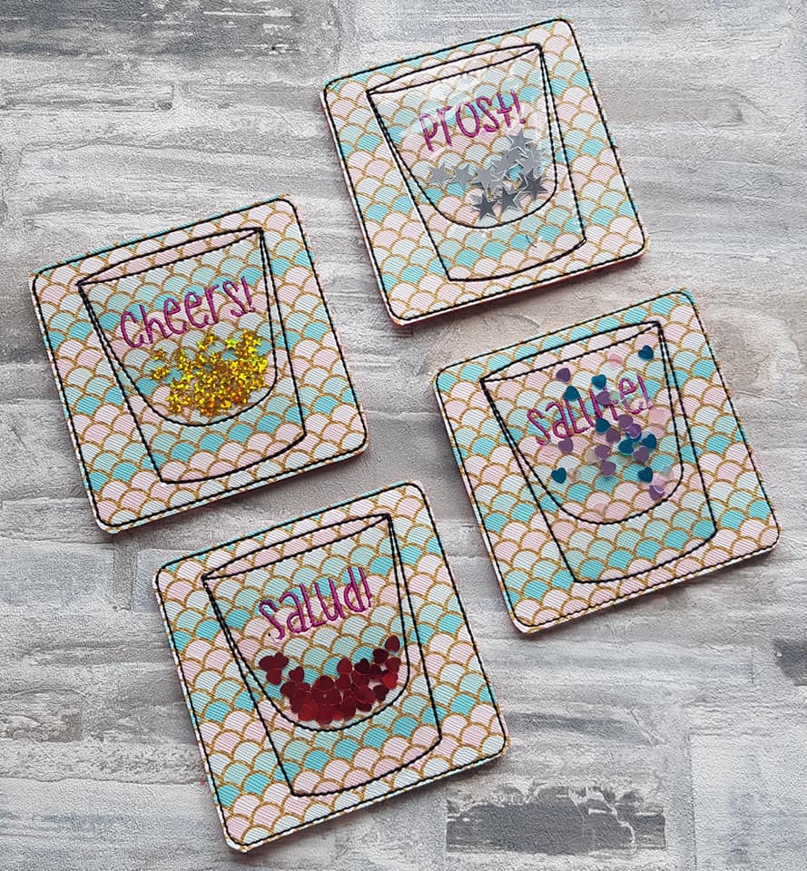 Shot Glass applique coaster set (set of 4) machine embroidery design D ...